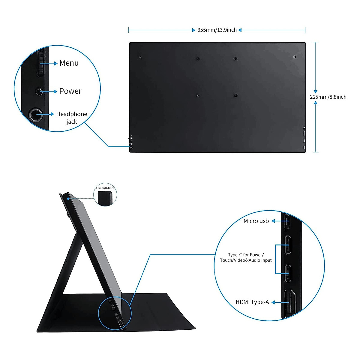 WIMAXIT 15.6" Touch Screen Portable Monitor - FHD 1080P, USB C and HDMI Connectivity, IPS Panel for Gaming and Work with Leather Cover and VESA Mount