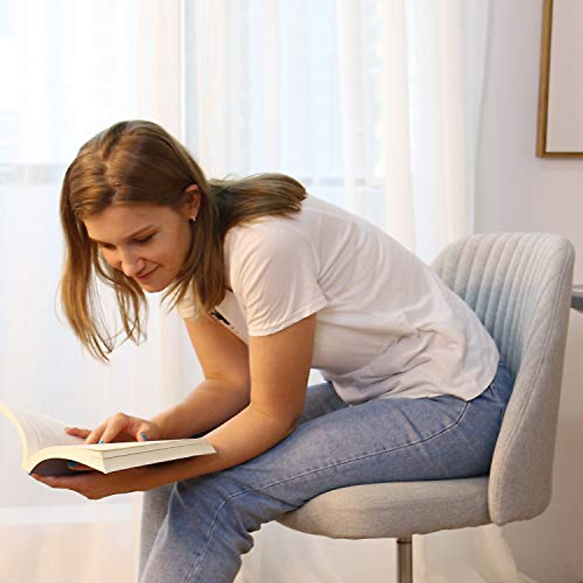 HOMEFLA Home Office Desk Chair, Modern Linen Fabric Chair Adjustable Swivel Task Chair Mid-Back Cute Upholstered Armless Computer Chair with Wheels for Bedroom Studying Room Vanity Room (Light Grey)