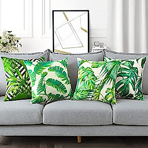 OTOSTAR Outdoor Waterproof Linen Throw Pillow Covers 18x18 Inch Square Pillow Covers Set of 4 Tropical Green Leaves Decorative Cushion Covers for Couch Sofa Tent Garden Patio