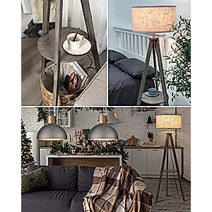 ELYONA Tripod Floor Lamp for Living Room Solid Wood Floor Lamp with Table - Farmhouse Shelf Tall Reading Standing Light with Drum Shade for Bedroom, Office, Study Room, 9W LED Bulb Included, Grey
