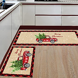 Arts Print Kitchen Rug Mat Set of 2,Merry Christmas Red Truck with Christmas Tree Black and Red Buffalo Plaid Runner Rug,Non-Slip Durable Kitchen Floor Mat for Sink,15.7x23.6Inch+15.7x47.2Inch