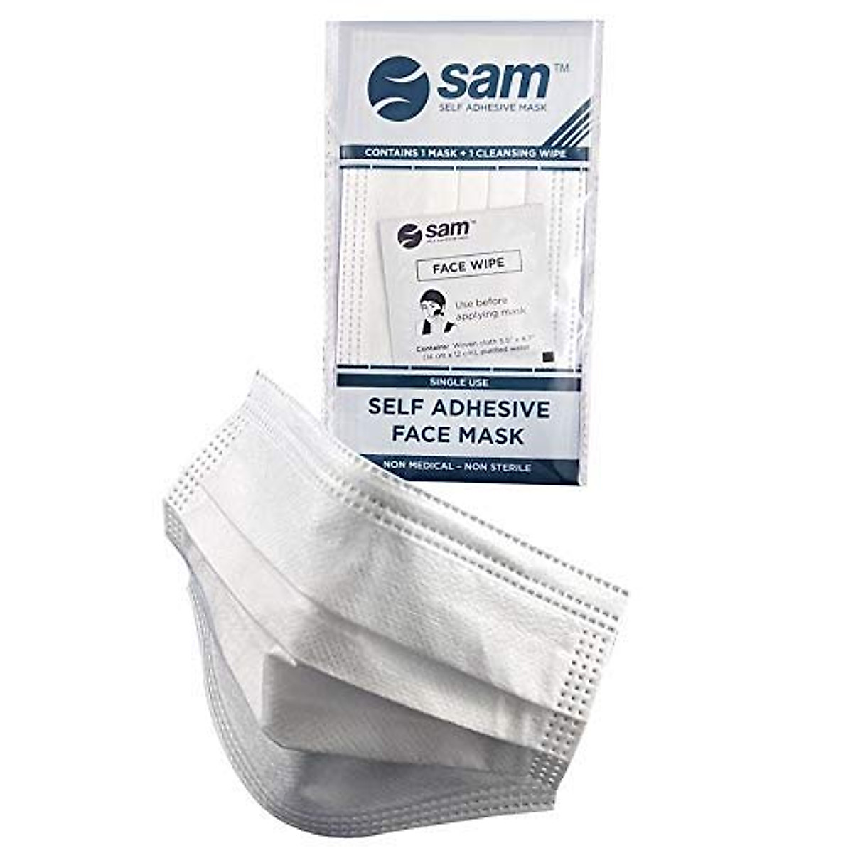 SAM Self Adhesive Masks - 50 Individually Wrapped 3 Ply Guest Face Coverings with Wet Wipe