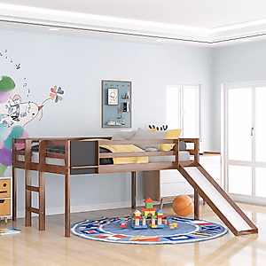 Full Size Loft Bed with Slide, Kids Low Loft Bed Frame with Chalkboard for Boys & Girls, Wood Full Slide Loft Bed with Under-Bed Space Storage (Walnut, Full)