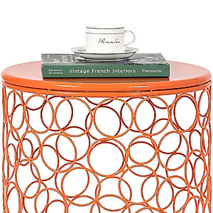 Adeco Home Garden Accents Circle Wired Round Iron Metal Nesting Stool Side End Table Plant Stand, Bubble Pattern, Orange Red, Set of Two