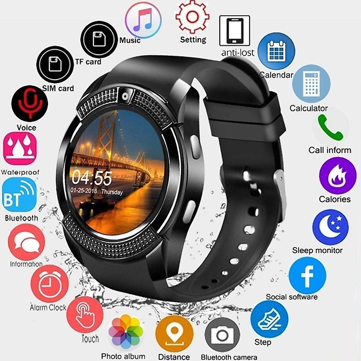 AKDSteel Y1 blueteeth Smart Watch with Touch Screen Camera/SIM Card Slot Waterproof Smart Watch Black Fashion CE