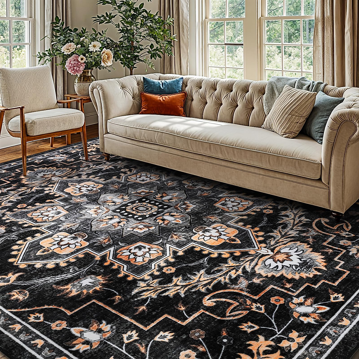 8x10 Boho Large Area Rug, Washable Rug, Ultra Soft Area Rug, Non Slip Abstract Rug Foldable, Stain Resistant Rugs for Living Room Bedroom, Vintage Fuzzy Rug(Black Yellow, 8'x10')