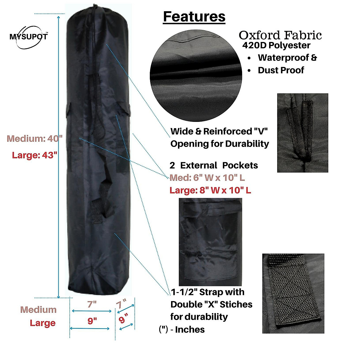 MYSUPOT 40"x7"x7" (Black, M) Replacement Bag for Folding Camping Chair, Portable Camp Chair, Hammock, Yoga Mat, Umbrella, Tents, Tripods, Fishing Poles - 420D Oxford Polyester Fabric w/Side Pockets