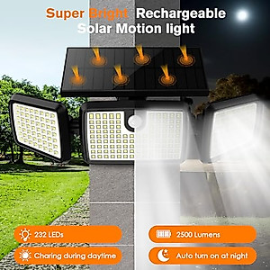 Solar Lights Outdoor, 3 Head Solar Motion Lights Outdoor with 2500LM 232 LEDs High Brightness, Built-in Bigger Tempered Glass Solar Panel, Sensitive PIR Motion Inductor