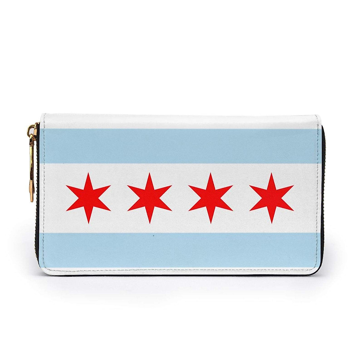 Chicago Flag Ladies Long Wallet Genuine Cowhide Zip Closure Card Slot Wallet