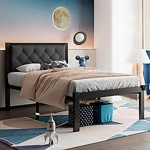 Feonase Twin Size Metal Bed Frame with Linen Upholstered Headboard, Heavy-Duty Platform Bed Frame with 12" Storage, Steel Slats Support, No Box Spring Needed, Gray