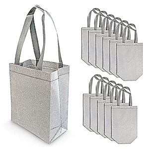 Silver Gift Bags - 12 Pack Small Silver Reusable Gift Bag Tote with Handles, Glitter Metallic Bling Shimmer, Eco Friendly for Kids Birthdays, Bridesmaids, Party Favors, Grocery Shopping - 6x3x8