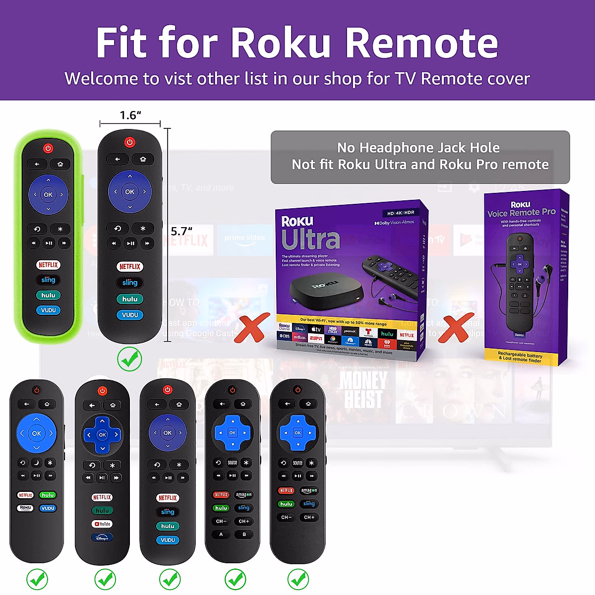 [3Pack] Roku Remote Cover Silicone Protective Sleeve Skin, Battery Cover for TCL Roku Smart TV Steaming Stick Remote, Controller Case Glow in The Dark (Green Blue Pink)