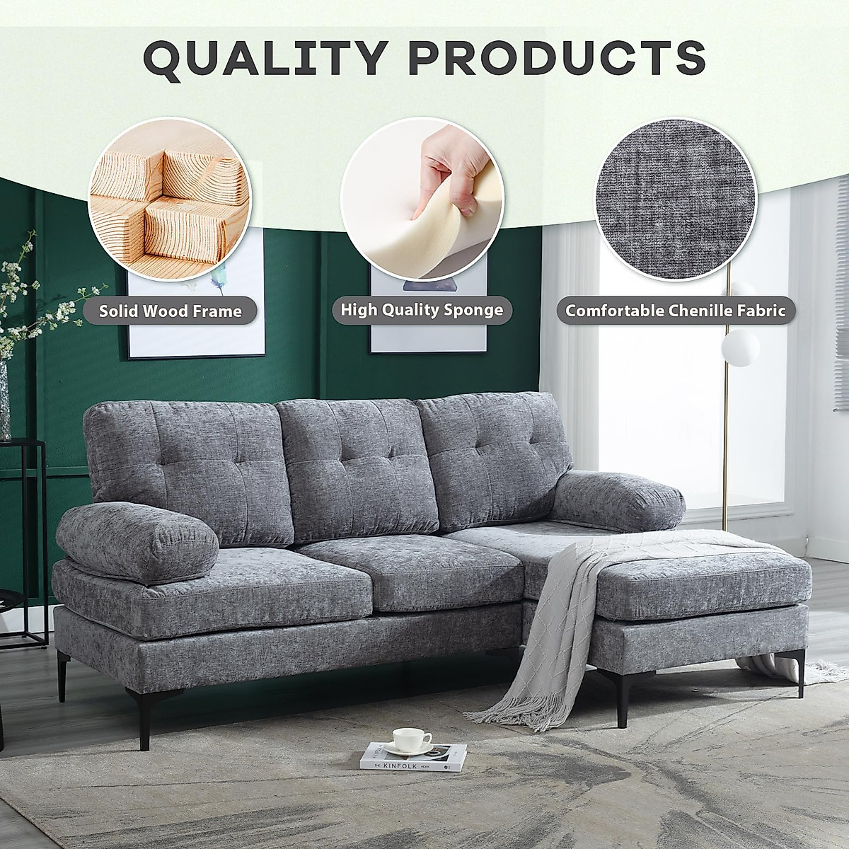 80 Inch Sectional Sofa, Modern Comfy Chenille L Shape Sofa with Chaise Lounge 3 Seat Sleep Sofa with Fluffy Armrests Deep Seat Sofa for Living Room Small Space Apartment(Grey)