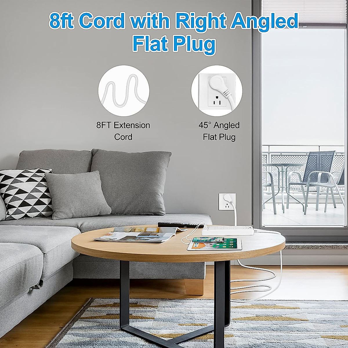 Power Strip Surge Protector with USB, Fast Charging Desktop USB C Power Strip Flat Plug with 10 AC Outlets 4 USB Ports, 1875W/15A, 8ft Extension Cords Outlet Strip for Home Office