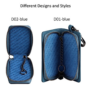 VISOUL Leather Car Key Fob Case Holder for Men and Women, Smart Keychain Protector with Metal Hook and Keyring, Zipper Case for House Keys (D01-Blue)