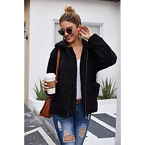 Women's Coat Casual Lapel Fleece Fuzzy Faux Shearling Zipper Coats Warm Winter Oversized Outwear Jackets (Black,XXL)