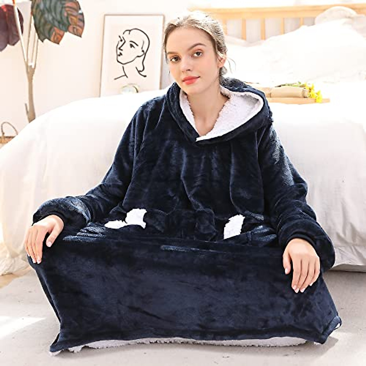 Pawque Blanket Hoodie, Oversized Wearable Blanket for Adults Women & Men, Cozy Warm Sherpa Sweatshirt with Sleeves and Giant Pocket, Super Soft Blanket Hoodie, One Big Size Fits All, Navy Blue