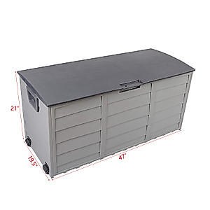 Kcelarec Plastic Deck Storage Container Box Outdoor Patio Furniture 75 Gal, Pools Yard Storage Tools w/Built-In Wheel (Grey)