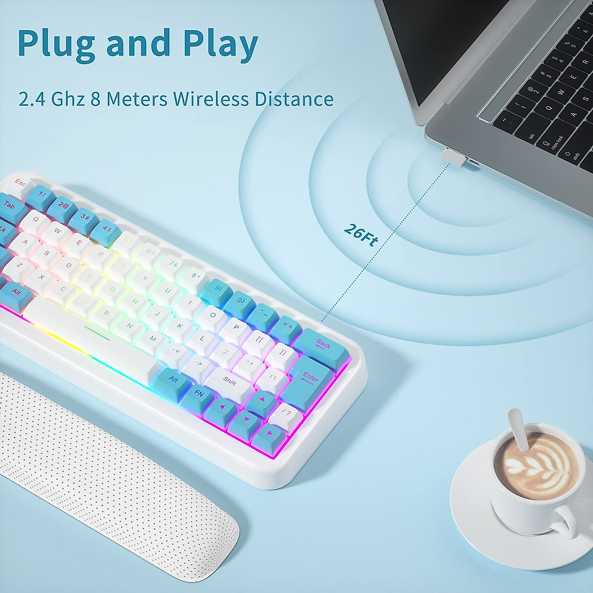 ROCHIE 60% Percent Keyboard, Wireless Gaming Keyboard, Gaming Keyboard 60 Percent, 2.4G Computer Keyboard with Wrist Rest, Compatible with Mac OS and Windows for Laptop PC (White-2)