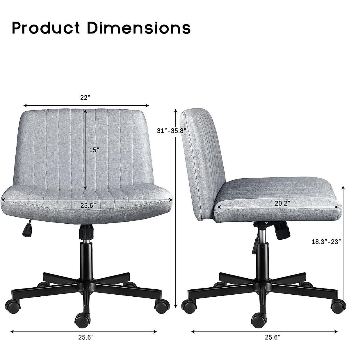 PUKAMI Criss Cross Chair with Wheels,Fabric Padded Armless Cross Legged Office Desk Chair for Home Office,Modern Swivel Height Adjustable Wide Seat Computer Task Vanity Chair(Grey)