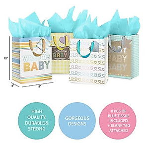 YE GIVING Baby Gift Bags With Tissue, 8"x4"x10" 4 Pack. 4 Designs. Gift Bag Set for New Baby, Includes Tissue Paper And Tags.