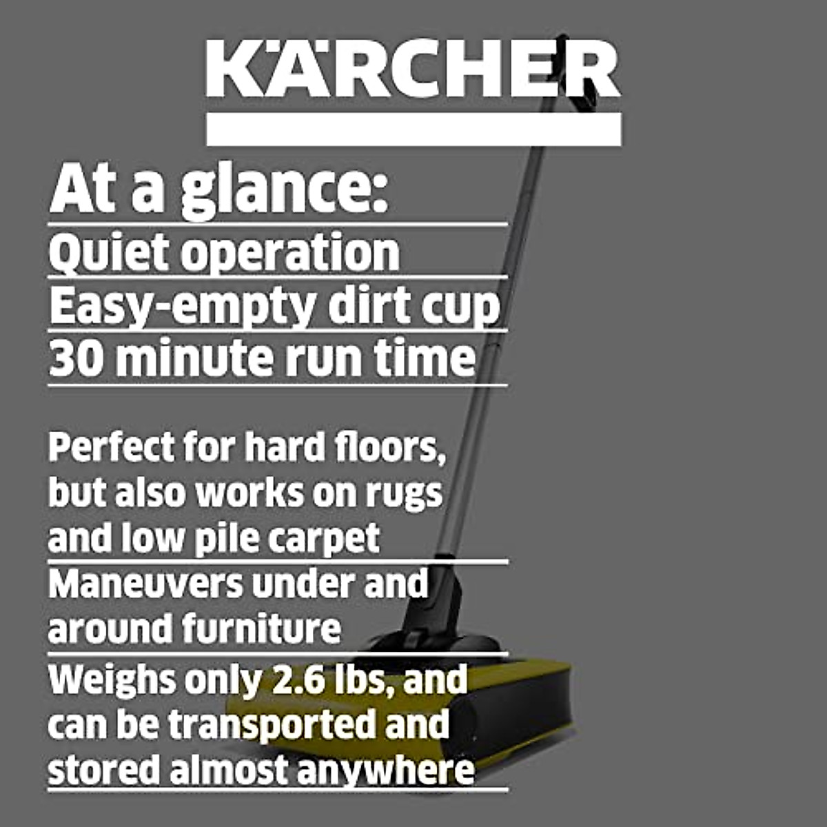 Karcher KB 5 Lightweight Multi-Surface Cordless Electric Floor Sweeper Broom - Ideal for Fur, Hair, Dirt, & Debris - 8.25" Cleaning Width, 30 Minute Runtime