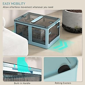 HOMCOM 18 Gal Stackable Storage Bins with Lids, 3 Packs Collapsible Closet Organizers and Storage, Plastic Drawer Storage Container on Wheels with 5-Sided Access, Doors for Blankets, Blue