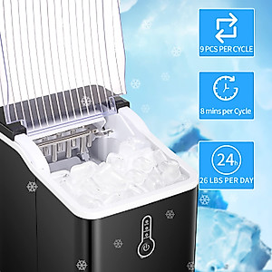 Kismile Ice Maker, Compact Ice Machine, 9 Bullet Ice Cubes Ready in 8 Mins, 26lbs in 24Hrs, Countertop Ice Maker with Ice Scoop & Basket for Home Bar, Office, Kitchen