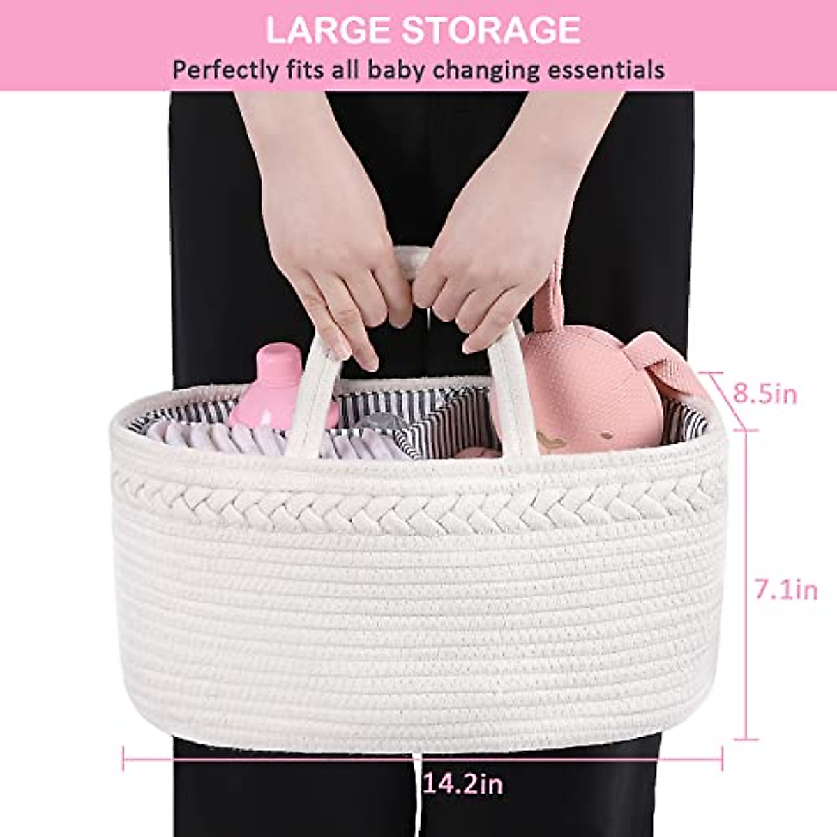 ABenkle Baby Diaper Caddy, Nursery Storage Bin and Car Organizer for Diapers and Baby Wipes, Cotton Rope Diaper Basket Caddy, Changing Table Diaper Storage Caddy Baby Gift Baskets, White