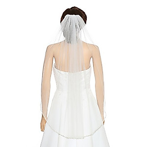 SAMKY 1T 1 Tier Crystals Pearls Beaded Wedding Veil (Fingertip Length 36" Light Ivory)