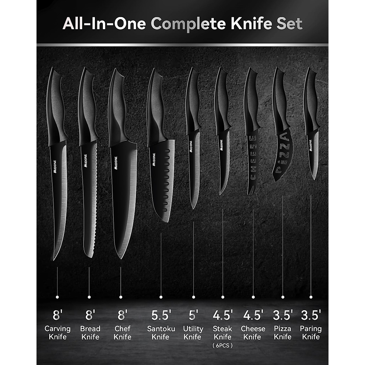 MIDONE Knife Set with Block, 17 Pieces Kitchen Knife Set with Built in Knife Sharpener Block, German Stainless Steel Knife Block Set, Elegant Black