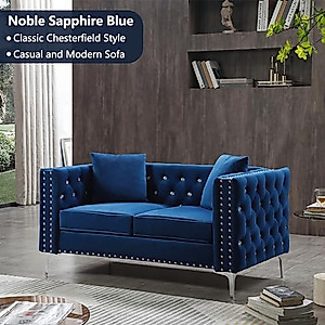 Fulocseny 2 Piece Modern Velvet Upholstered Living Room Sofa Set with 3-Seater Sofa and Loveseat, Jeweled Button Tufted Copper Nails Square Arms, 4 Pillows Included,5 Seater (Blue + Velvet)