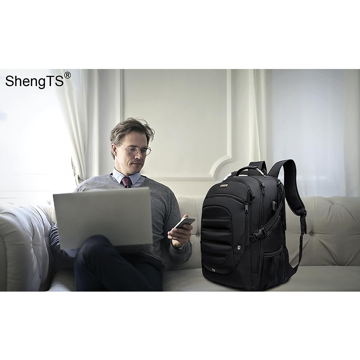 55L Travel Backpack with USB Charging Port TSA Friendly for Large Gaming Laptop 19.5 18 18.4 Inches Notebook Computer Bookbag for Men Students