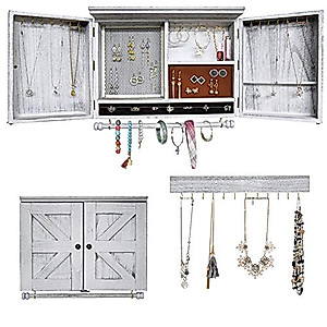 MULIFEE Rustic Wall Mounted Jewelry Organizer,Vintage Wooden Hanging Jewelry Holder Box with Barndoor Decor for Necklaces, Earings, Bracelets, Rings, Accessories. Includes Hook Organizer