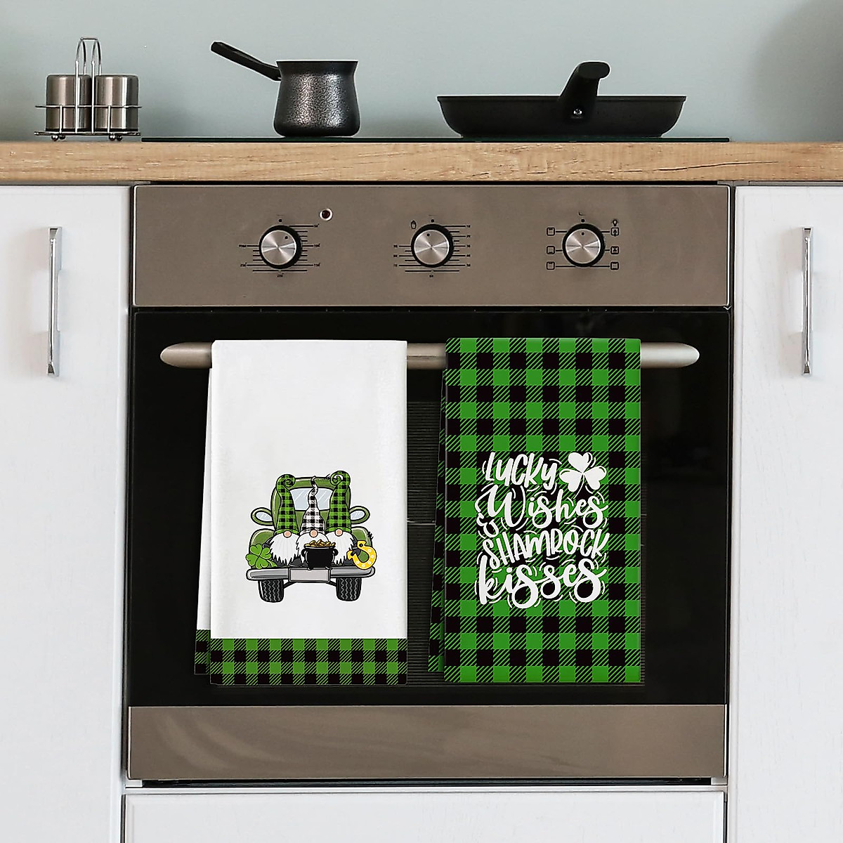 AnyDesign St. Patrick's Day Kitchen Dish Towels Green Black Buffalo Plaids Lucky Shamrock Gnome Truck Cloth Tea Towel 18 x 28 Irish Seasonal Decorative Dishcloth Hand Towel for Cooking Baking, 2Pcs