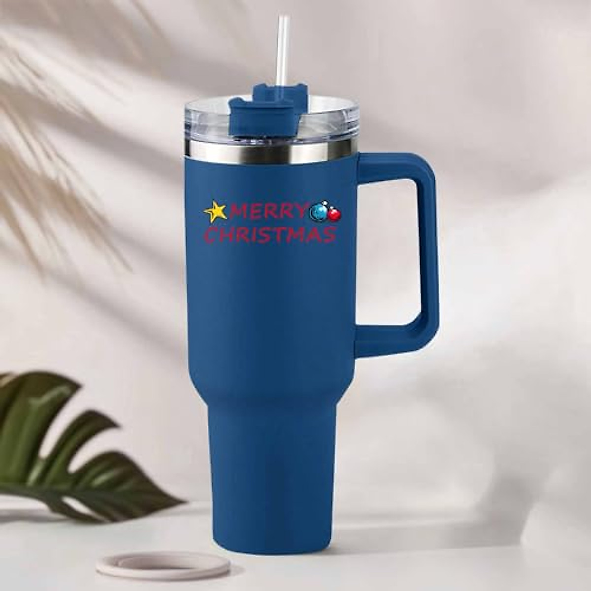 LB LEOBON 40 ounce insulated cup with handle, double-layer vacuum stainless steel material, equipped with straw, can keep warm or maintain cold drinks Merry Christmas Stars Balls Cowboy Blue
