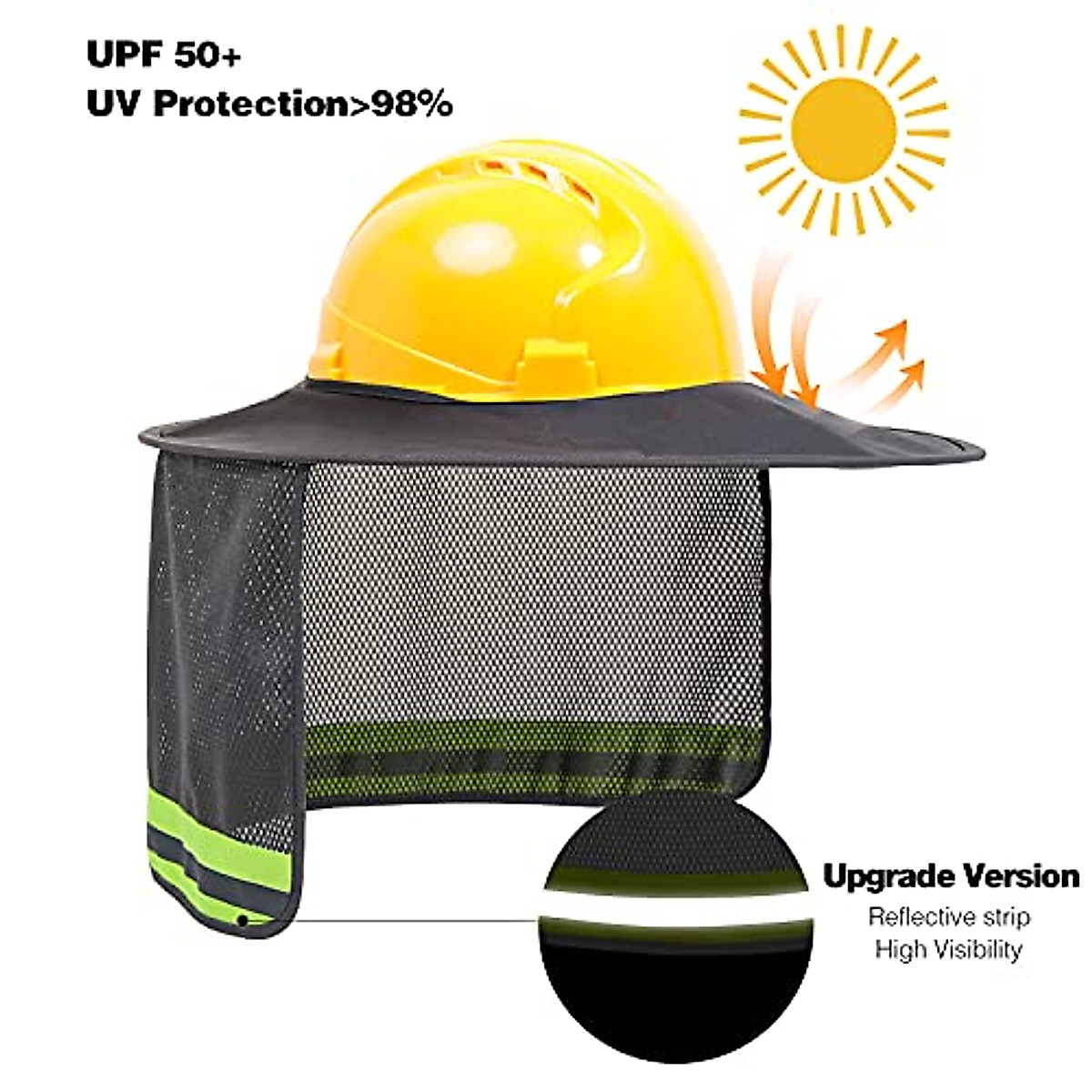 TCCFCCT Hard Hat Sun Shade, Full Brim Mesh Neck Sun Shield with Reflective Strip, High Visibility Sun Visor Neck Shade for Hard Hat Accessories, (Hard Hat Not Included), Grey, 2 Packs