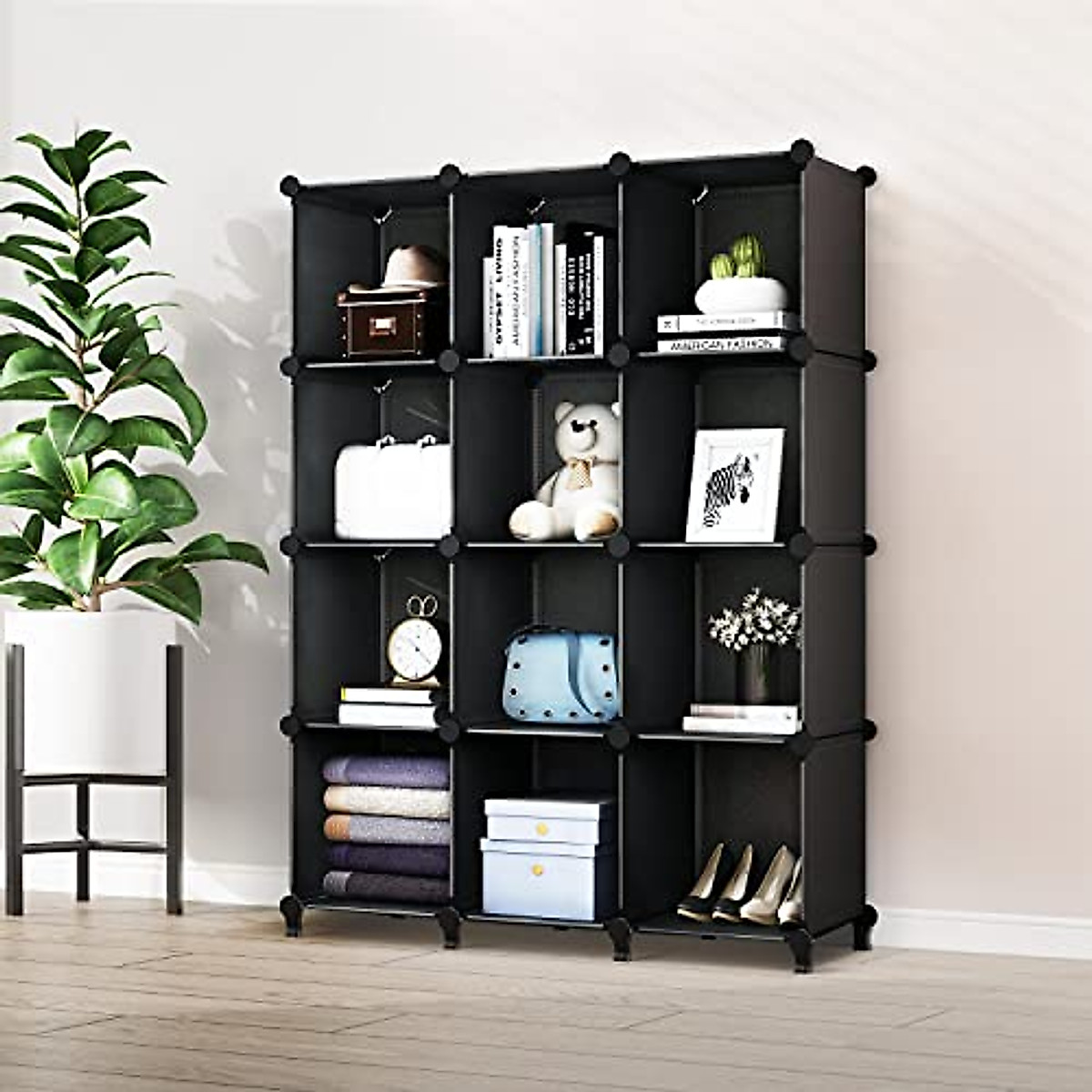GREENSTELL Closet Organizer, 12-Cube Storage Organizer with Rubber Mallet, Portable Closet Storage Shelves, Clothing Storage for Kids, Closet, Bedroom, Bathroom, Office (11.8x11.8x11.8 inch), Black
