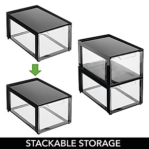 mDesign Plastic Stackable Office Storage Organizer Bin with Pull Out Drawer for Cabinet, Desk, Shelf, Cupboard, Cabinet, or Closet Organization - Lumiere Collection - 2 Pack - Black/Clear