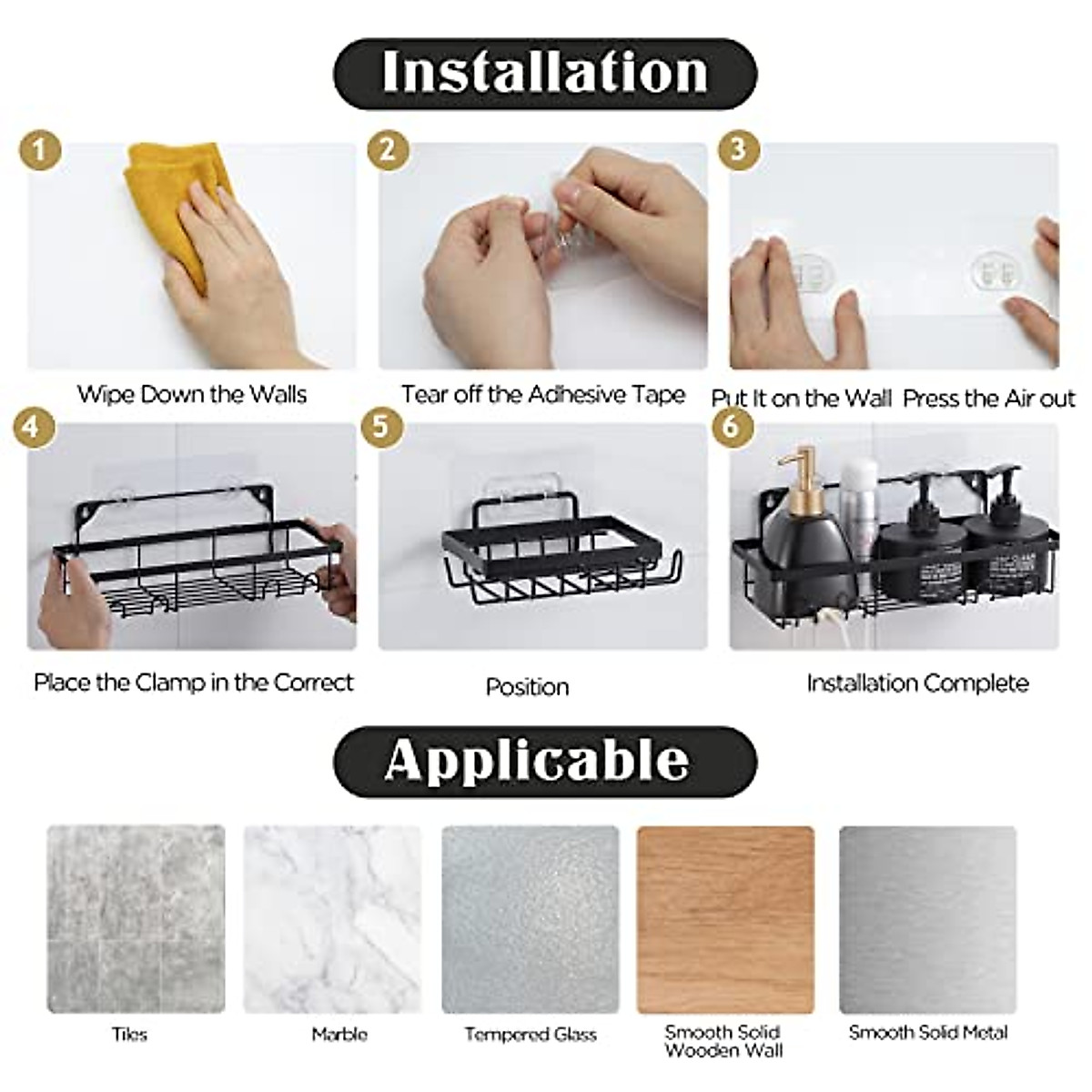 2-pack Shower Self Adhesive Shelf, Shower Caddy Bathroom Shelf with 2 Hooks & 2 Soap Dishs, Wall Mounted Stainless Steel Shower Rack No Drilling Shower Holder Organizer