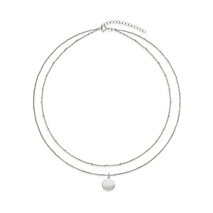 Amazon Essentials Sterling Silver Plated Polished Disc and Beaded Chain 2 Row Layer Necklace, Sterling Silver