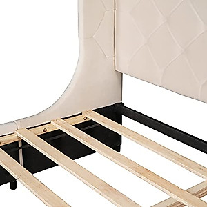 Prohon Upholstered Platform Bed with Wingback Headboard and 1 Big Storage Drawer, Velvet Tufted Bed Frame Queen Size, No Box Spring Needed, Easy to Install, Wooden Slats Support, Beige