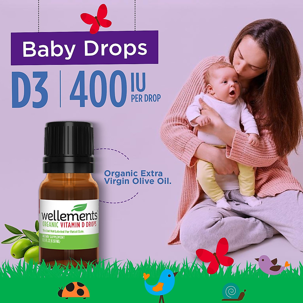 Wellements Baby Organic Vitamin D Drops for Infants & Toddlers (0.15 Fl Oz) - Certified Newborn+ Liquid Vitamin D3 Drops, Support Healthy Growth & Bone Development (1 Drop Daily & 400 IU Per Serving)