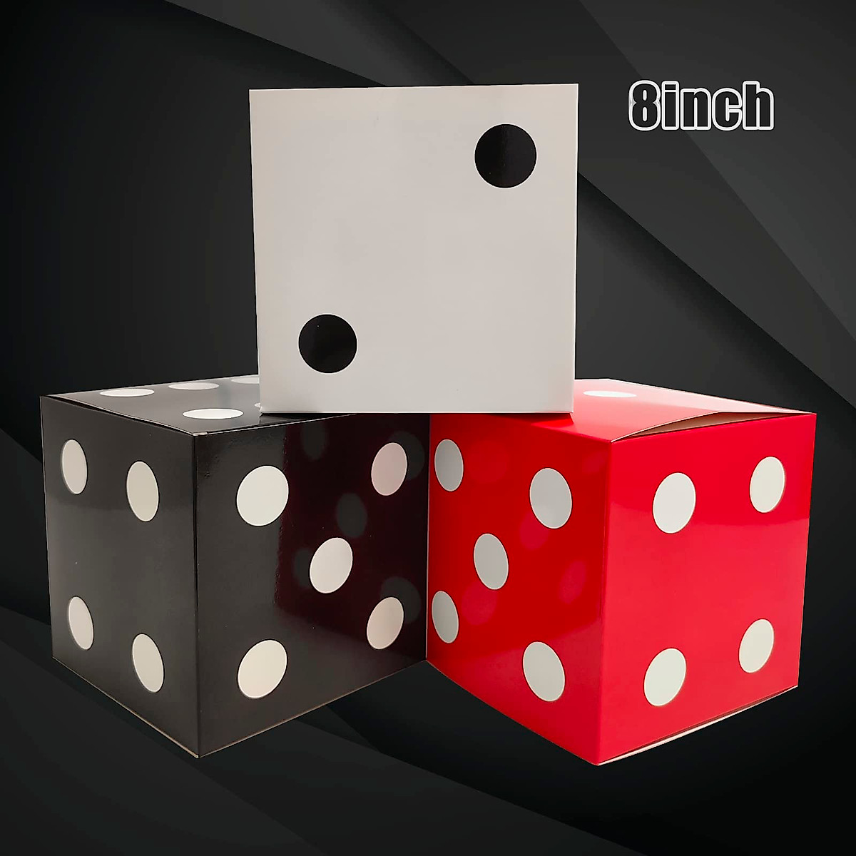 6 Pcs Dice Favor Boxes 8 x 8 x 8 Inch dice Boxes Bulk for centerpieces Casino Party Decorations Game Night Decorations Casino Themed Party Goodie Boxes Gift Box (Black, White, Red)