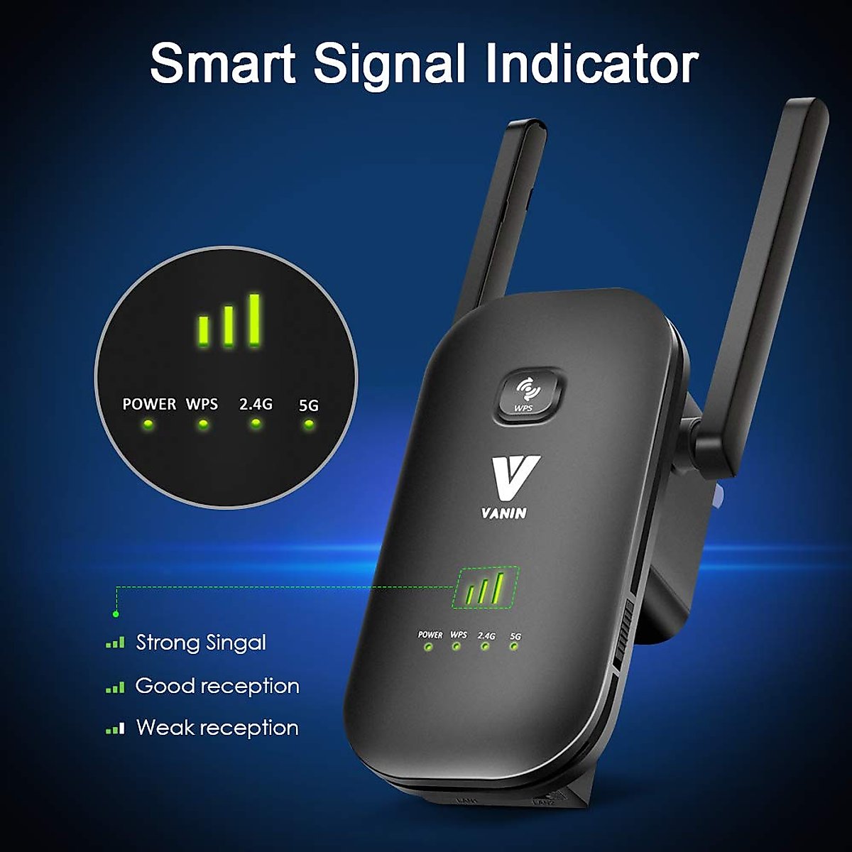 VANIN WiFi Range Extender -1200Mbps WiFi Repeater Wireless Signal Booster 2.4 & 5GHz Dual Band WiFi Extender with 2 Gigabit Ethernet Port, AP & Router Mode, 360°Full Coverage, Simple Setup