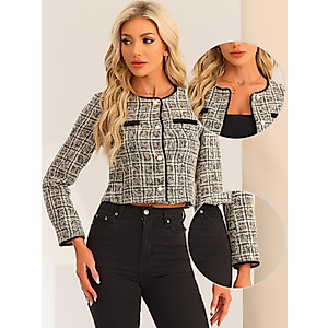 Allegra K Tweed Jacket for Women's Long Sleeve Casual Work Office Plaid Short Outwear Large Apricot