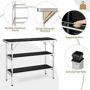 COSTWAY Folding Picnic Camping Table, Portable Lightweight Aluminum Table with Carry Bag, Food Prep Station with 2 Shelves, Quick Set-up, Outdoor Camping Table for BBQ, Party, Backyard (Black)