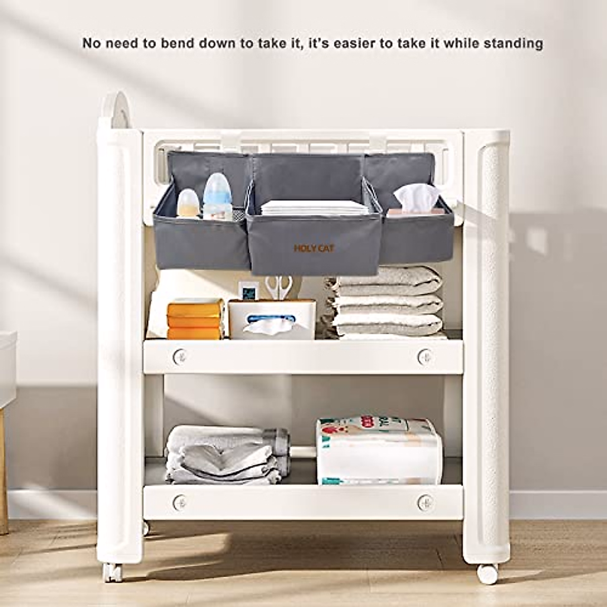 Holy Cat Hanging Baby Diaper Caddy Organizer with Paper Pocket for Changing Table Crib Playard Organization Nursery Organization Hanging Nursery-Grey…