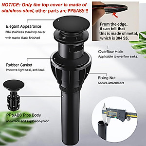 Bathroom Sink Drain, Pop Up Drain Stopper with Overflow, Lavatory Vanity Vessel Sink Drain Assembly, Matte Black