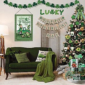 Happy St. Patrick's Day Buffalo Plaid Lucky Gnomes In Truck Green Garden Flag 28"x40" Double Sided Vertical Shamrock Clover Garden Flags For Outdoor Home Patio St Patricks Yard Flag Leprechaun Decor